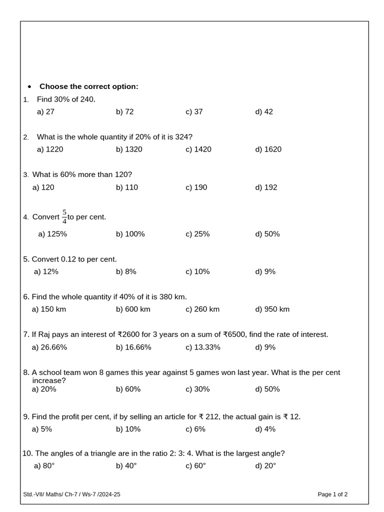 Math Worksheet on Percentages and Ratios | PDF | Percentage | Interest