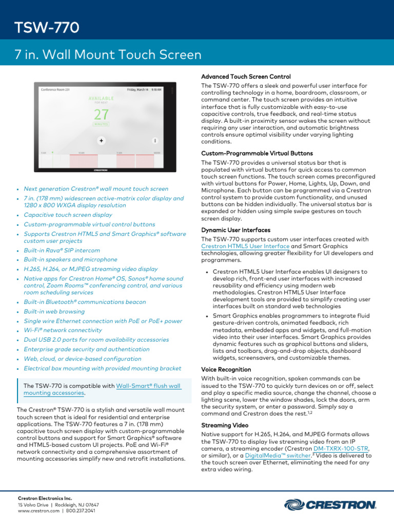 Crestron TSW-770 Touch Screen Overview | PDF | Mobile App | Touchscreen