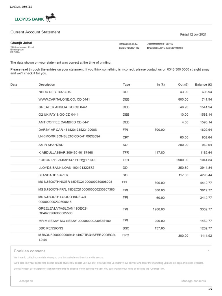 Lloyds Bank Statement Dec 2024 | PDF | Regulation | Banking