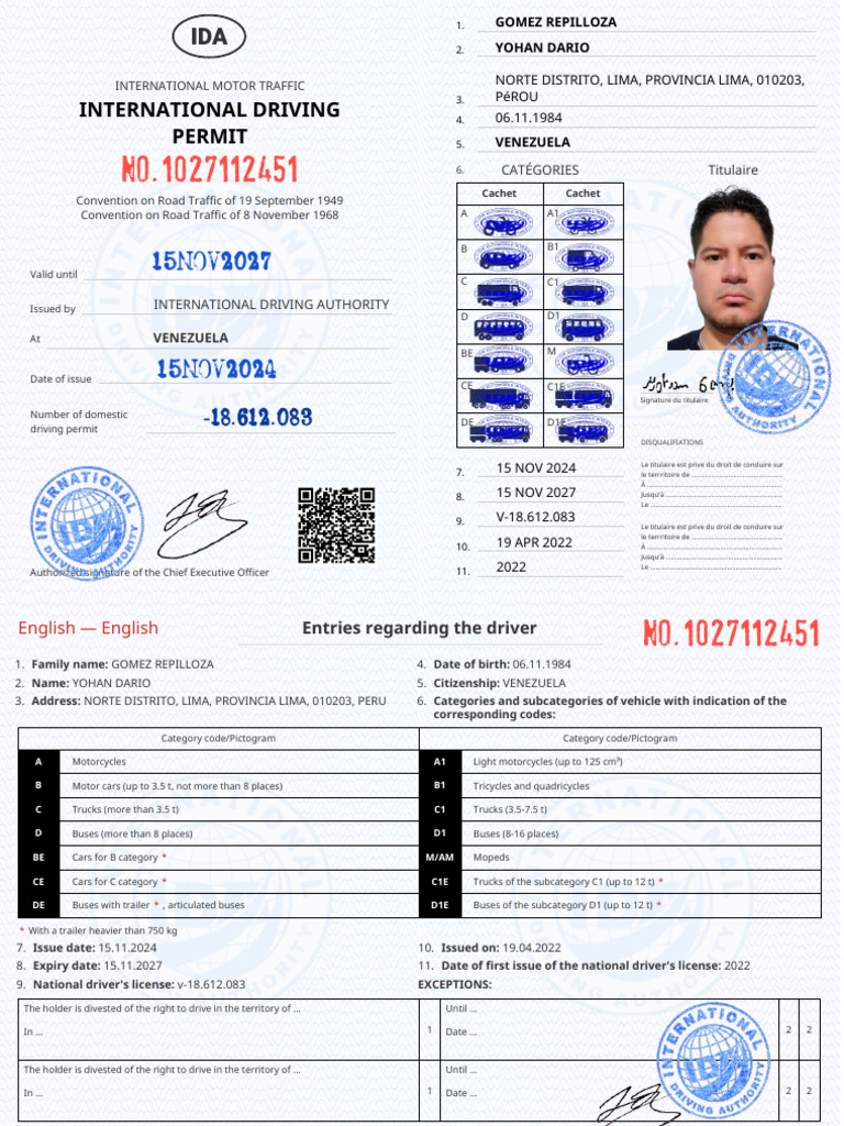 International Driving Permit: Catégories Titulaire | PDF | Driver's ...