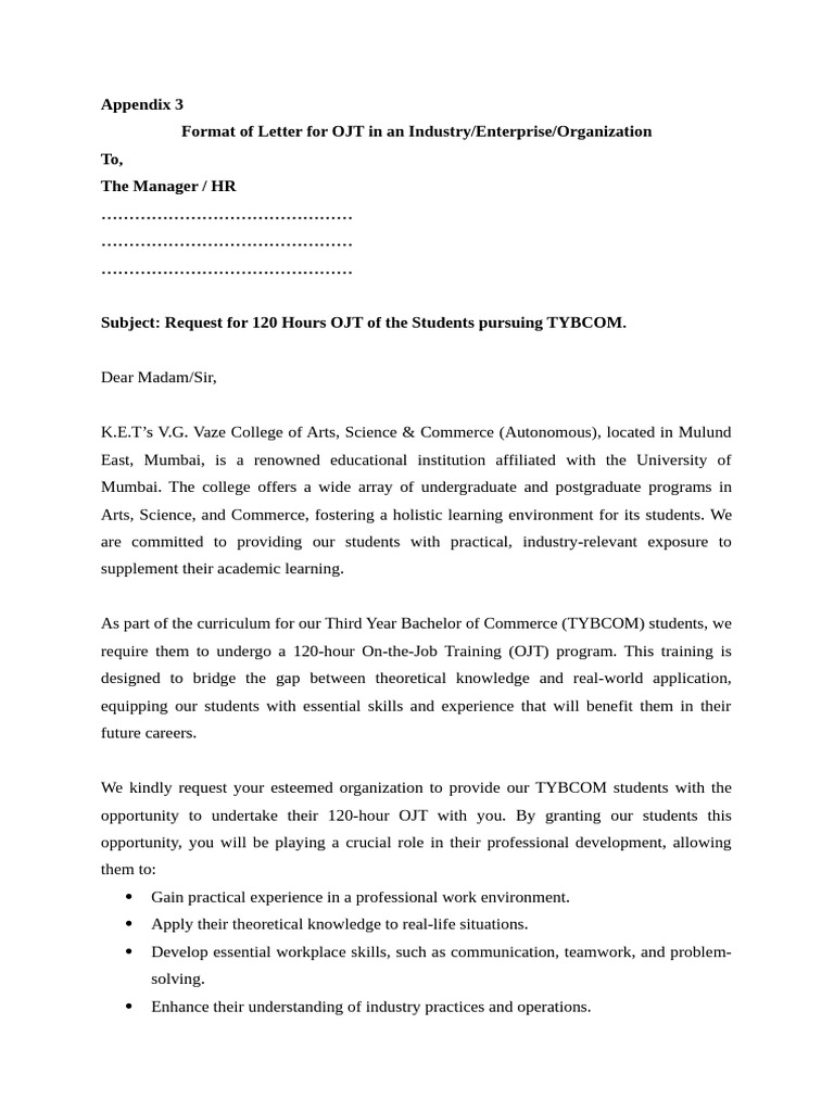 OJT Request Letter for TYBCOM Students | PDF