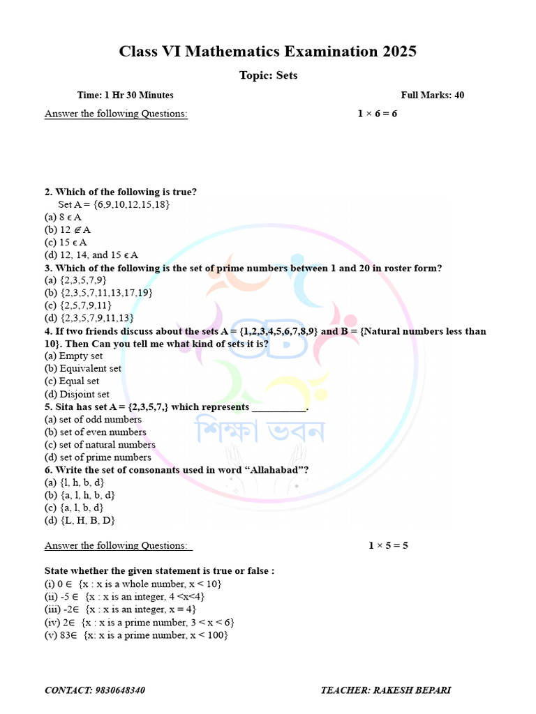Class VI Mathematics Examination 2025 | PDF | Prime Number ...