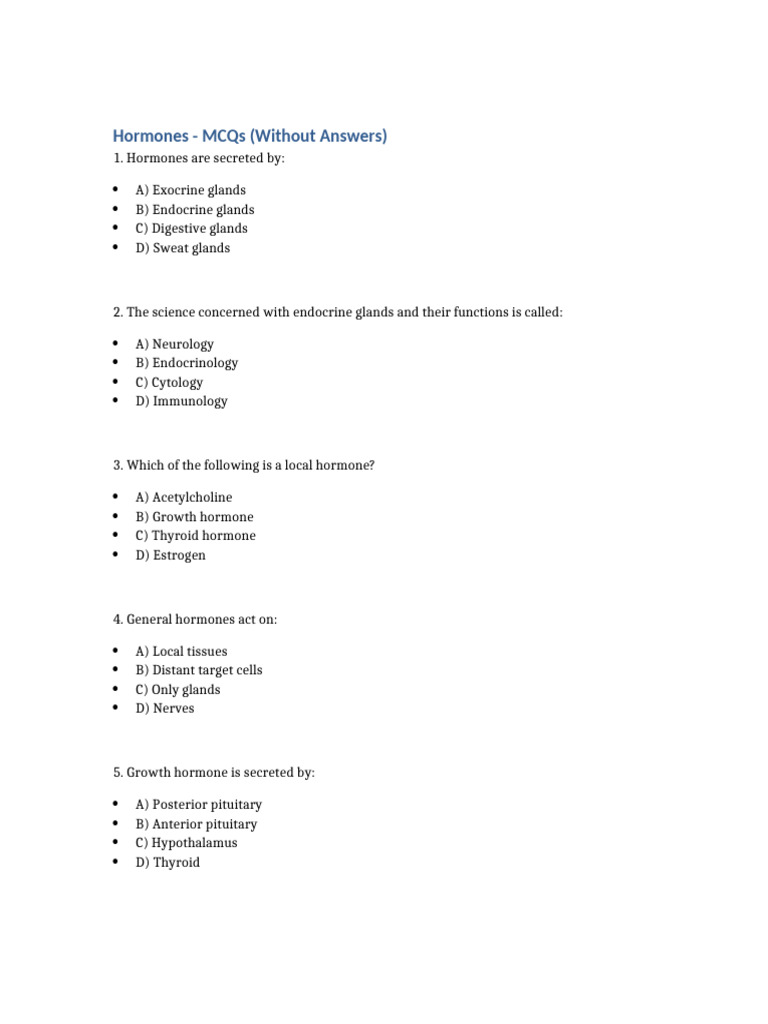 Hormones MCQs for Study and Review | PDF | Growth Hormone | Pituitary Gland