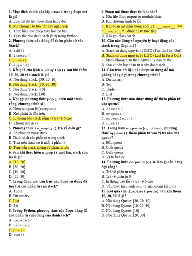 Trắc Nghiệm Stack - Queue | PDF