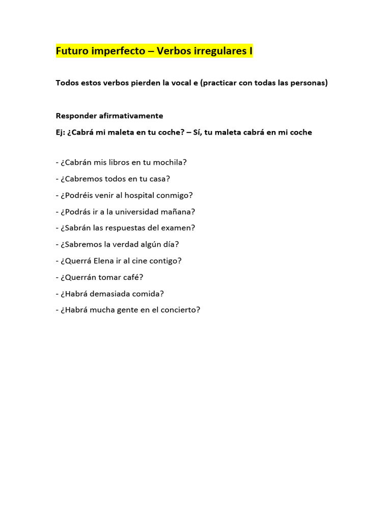 Futuro Imperfecto - Verbos Irregulares I | PDF