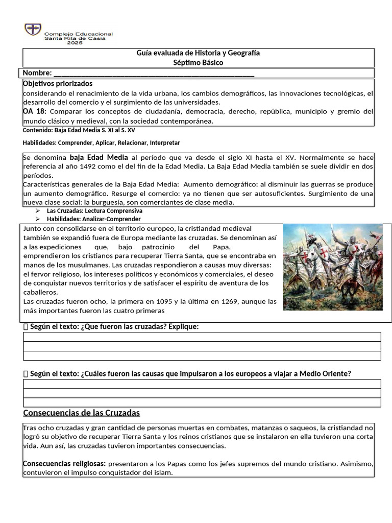 Guia Evaluada Septimo Basico Historia y Geografia | PDF | Cruzadas | Edades medias