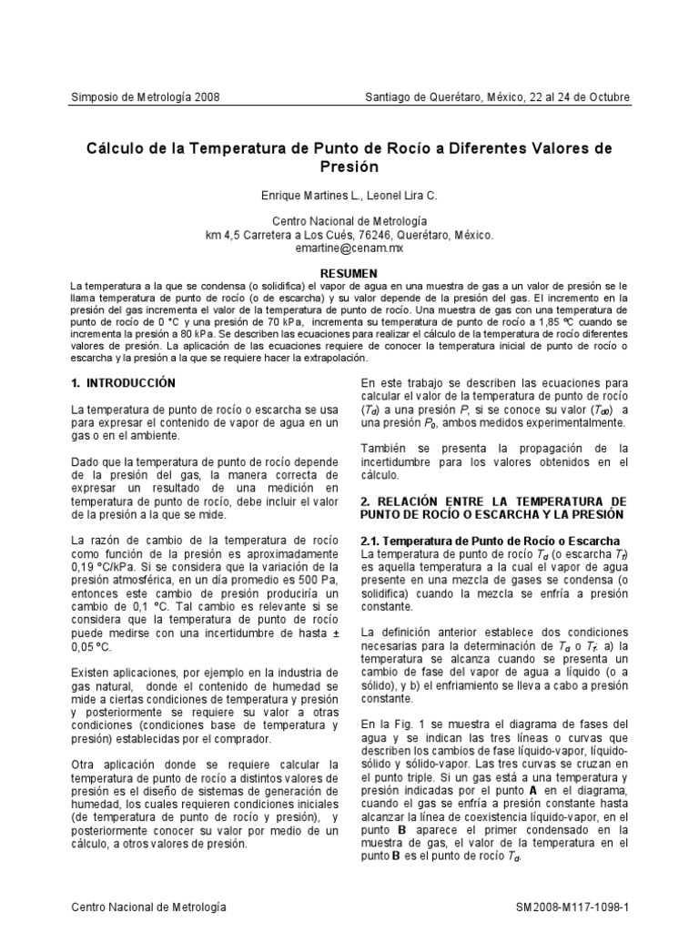 Cálculo de La Temperatura de Punto de Rocío | PDF | Gases | Presión