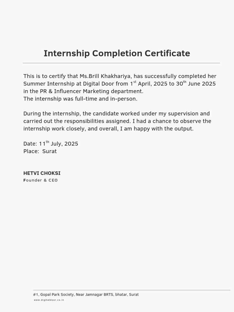 Internship Completion Certificate - Digital Door | PDF