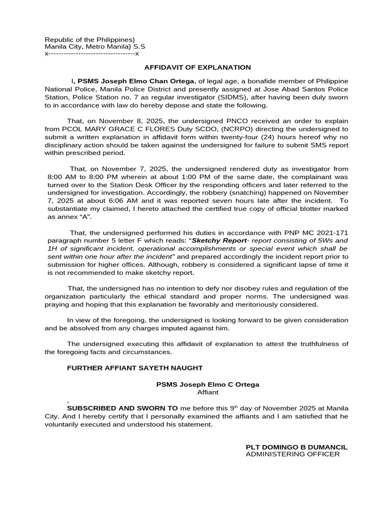 Affidavit of Explanation by PNP Officer | PDF | Affidavit | Civil Law ...