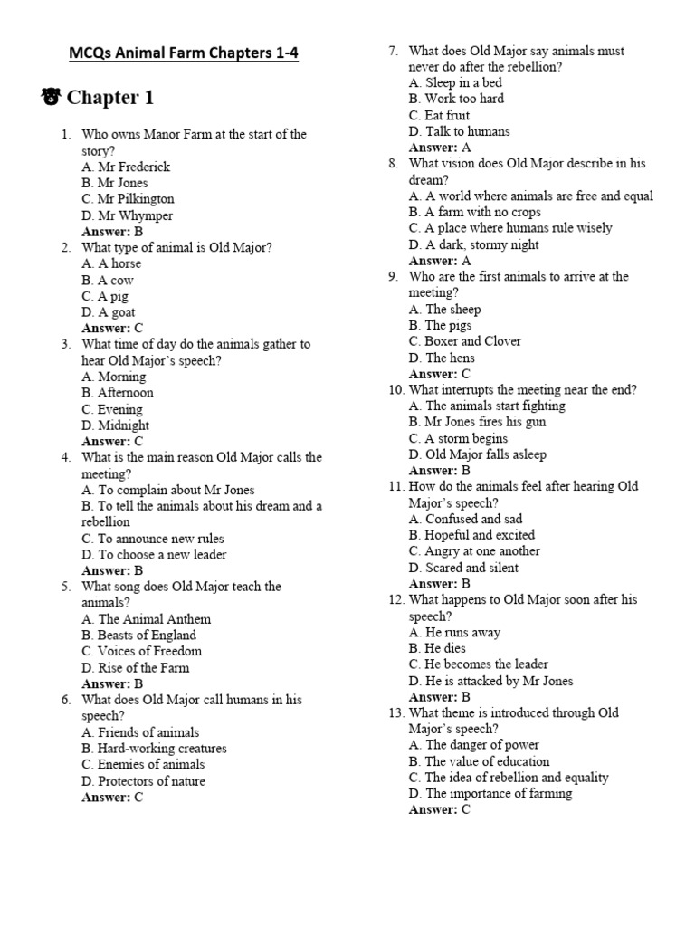 Animal Farm MCQs: Chapters 1-4 | PDF