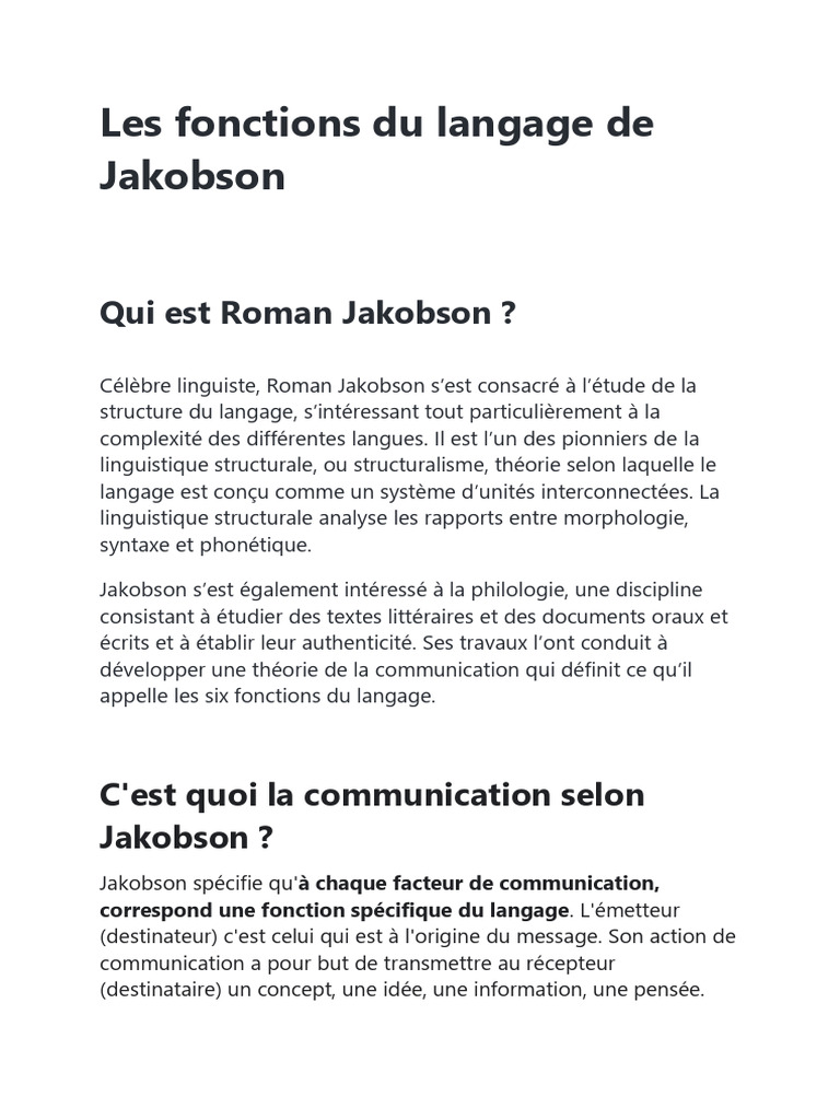 Les six fonctions du langage de Jakobson | PDF | Linguistique | la ...