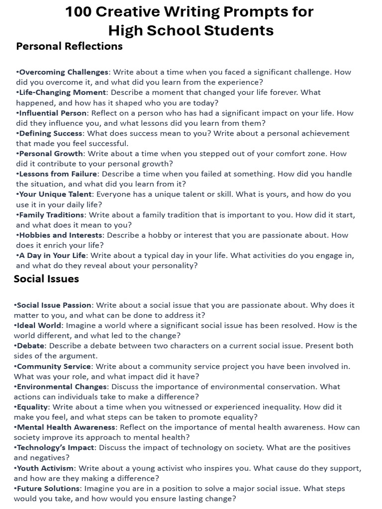100 Creative Writing Prompts for High School Students | PDF ...