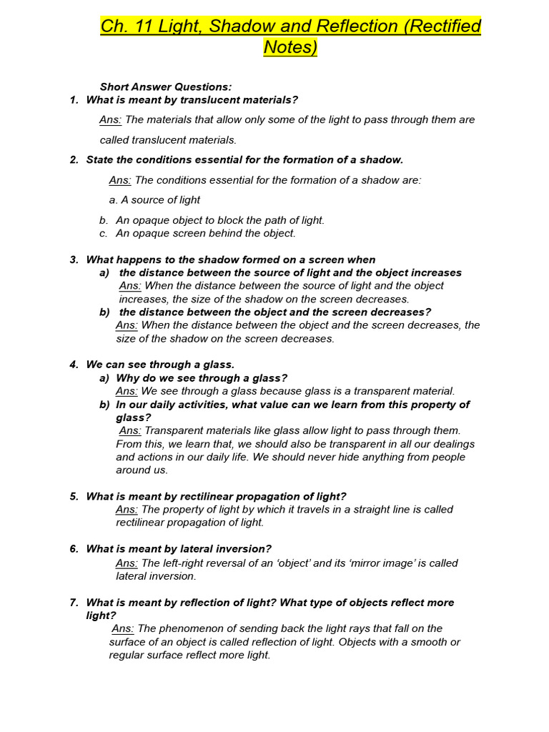 Light, Shadow, and Reflection Concepts | PDF | Shadow | Light