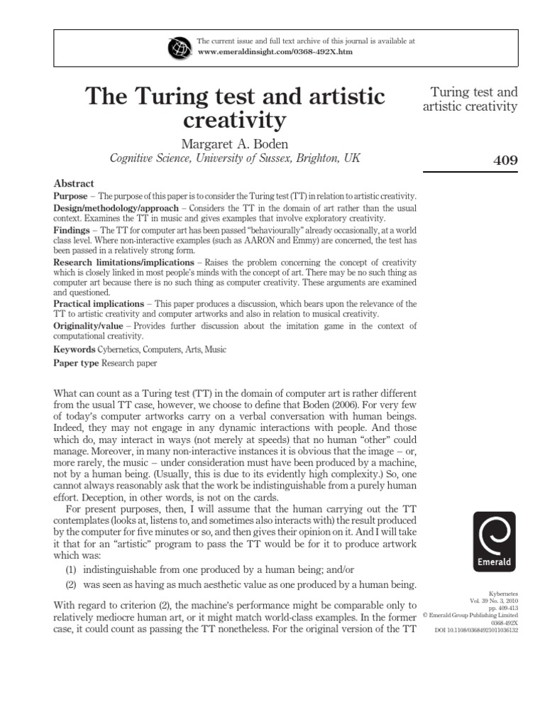 The Turing Test and Artistic Creativity | PDF | Creativity | Epistemology