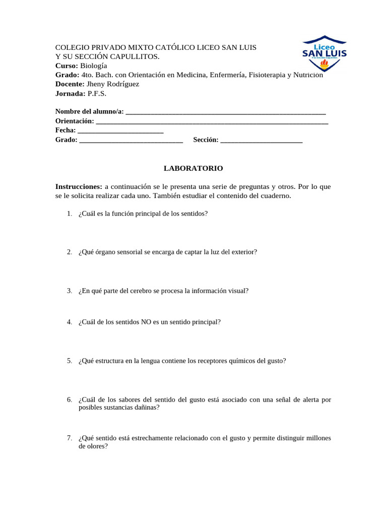 Lab. - Biologìa - 4tos. C. de La Salud - PFS | PDF | Sentidos | Organismos