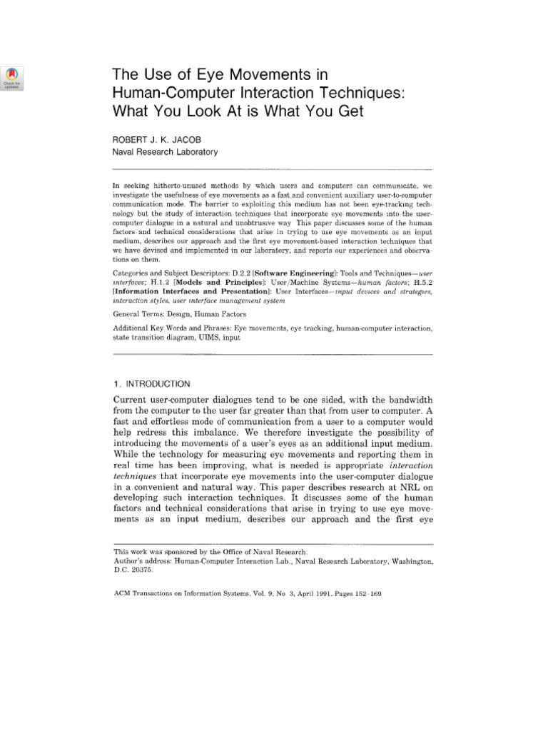 The Use of Eye Movementsin Human Computer Interactions by Jacob | PDF ...