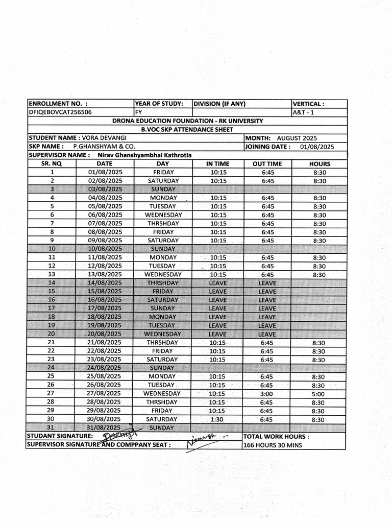 Attended Sheet AUGUST | PDF
