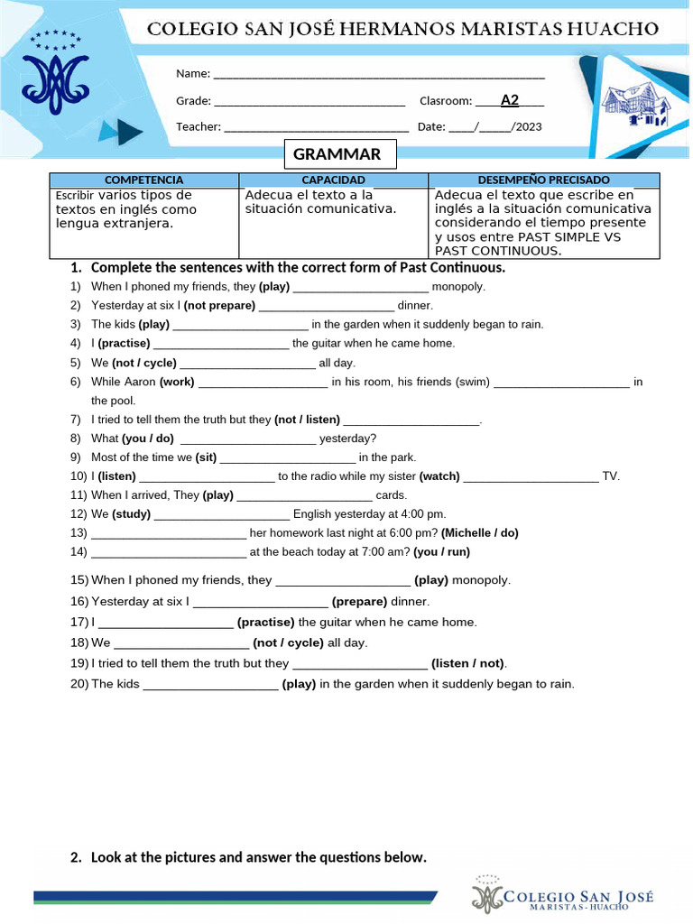 Grammar w8 5ºsec - Past Continuous - Unit 2 | PDF