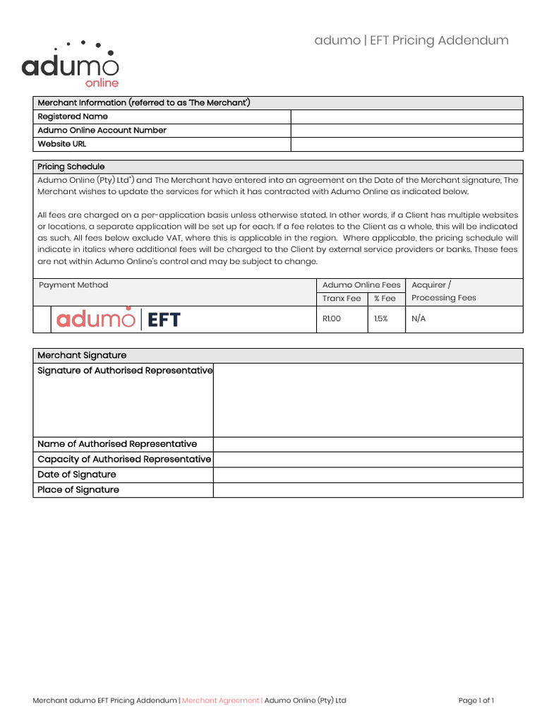 634cf9584285024c08643e6e - Adumo EFT Merchant Pricing Addendum | PDF