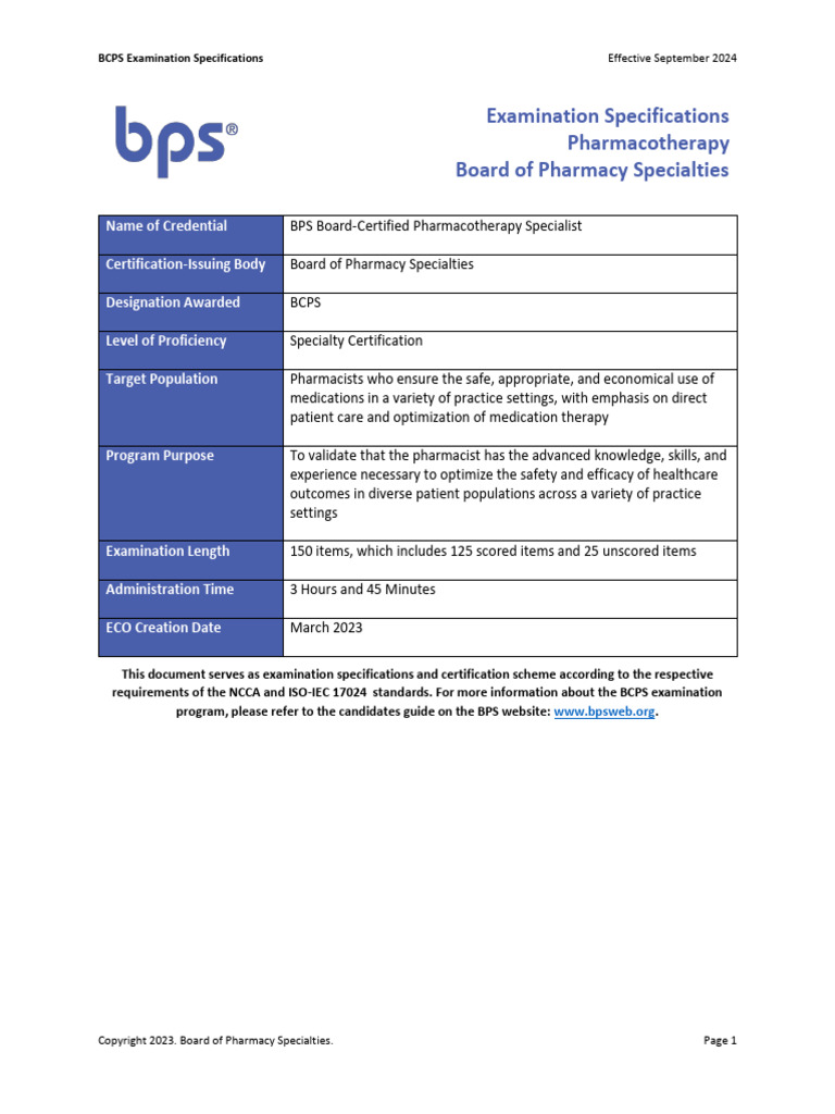 BCPS Examination Specifications Fall 2024 | PDF | Pharmacy | Pharmacist