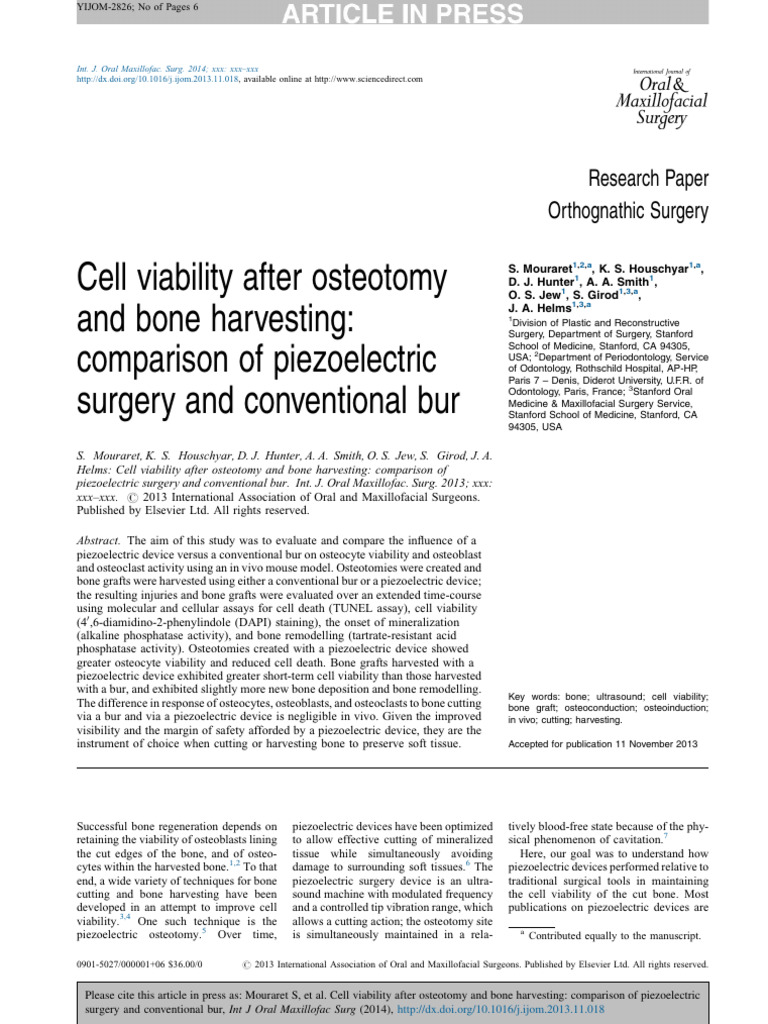 Cell Viability After Osteotomy PIEZO Vs BUR | PDF | Bone | Osteoblast