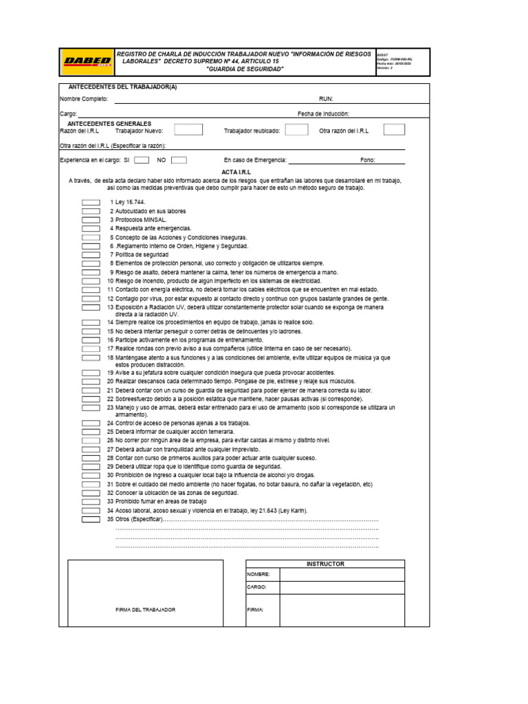 FORM-IND-IRL-14 TRABAJADOR NUEVO Guardia de Seguridad | PDF