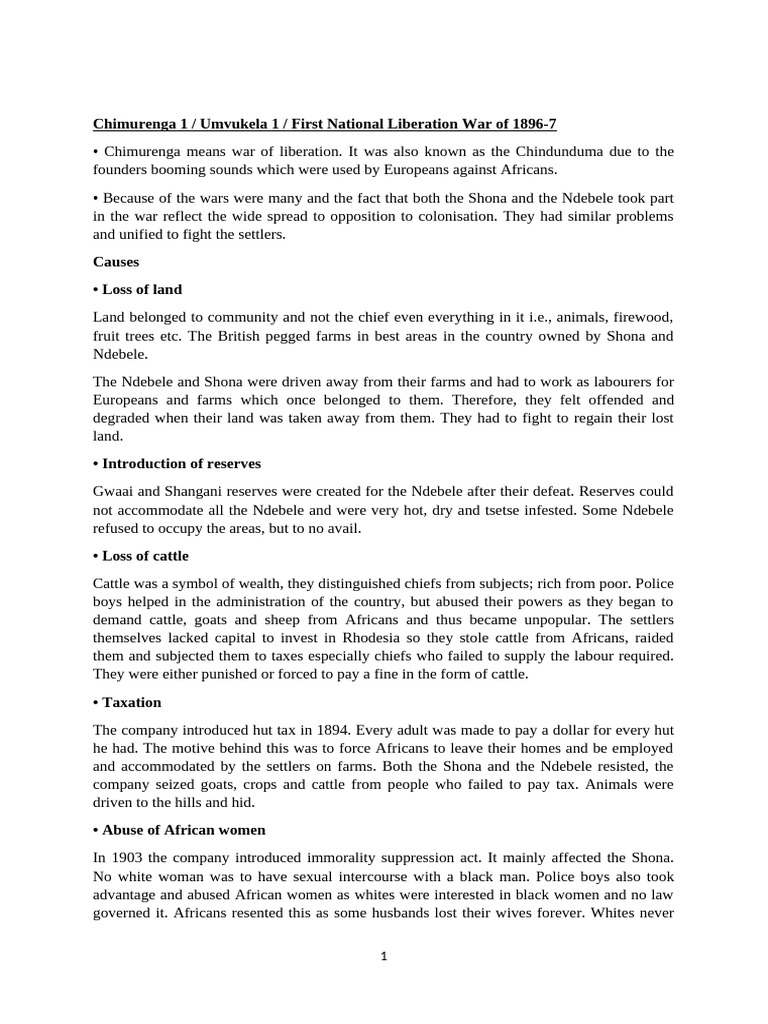 Chimurenga: Causes and Uprisings of 1896-7 | PDF