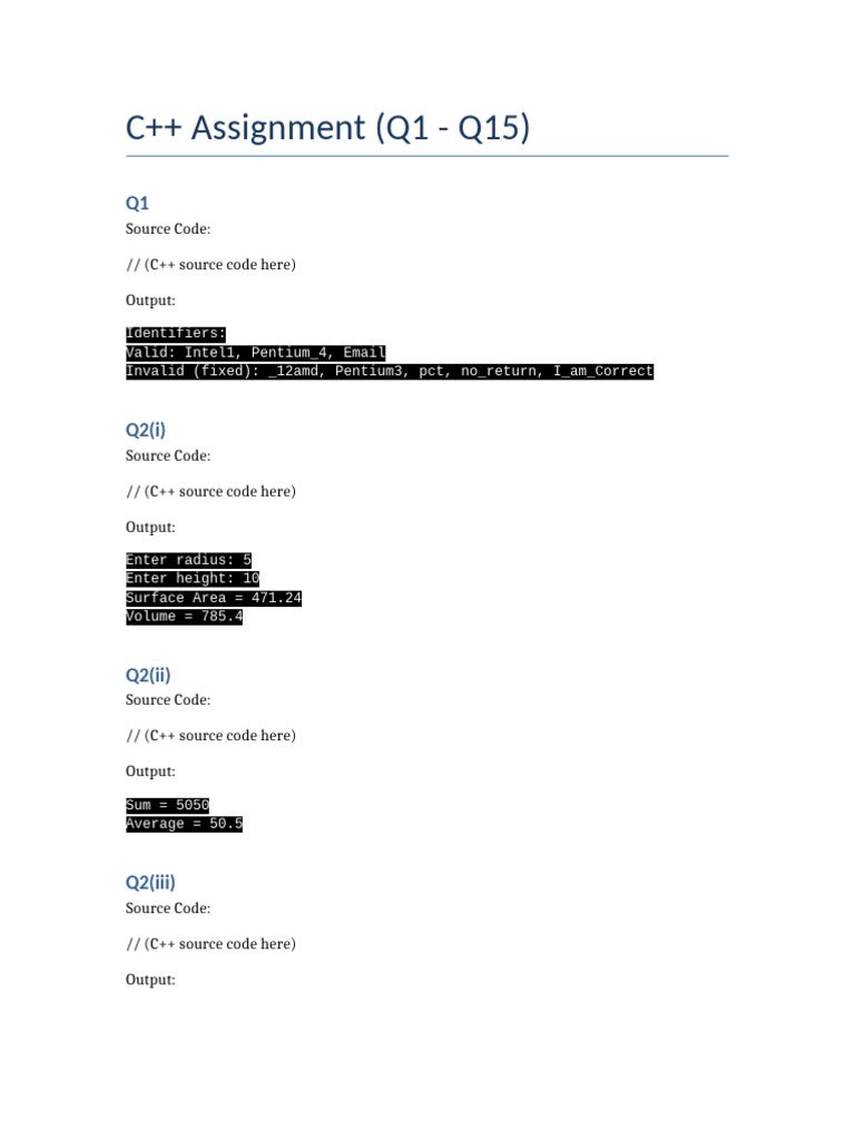CPP Assignment Q1 Q15 | PDF