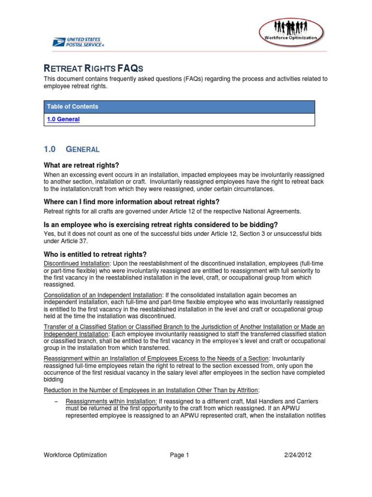 Postal Employees Retreat Rights FAQS 5-24-2012 | PDF | Faq | Employment