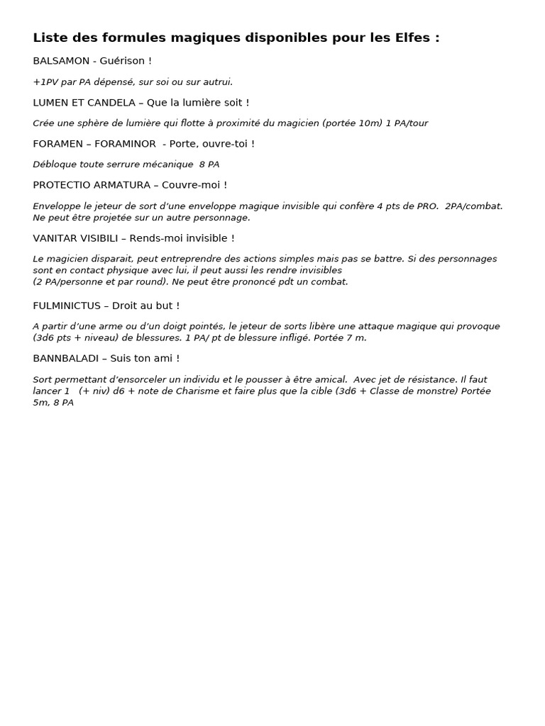 Formules Magiques pour Aventuriers | PDF