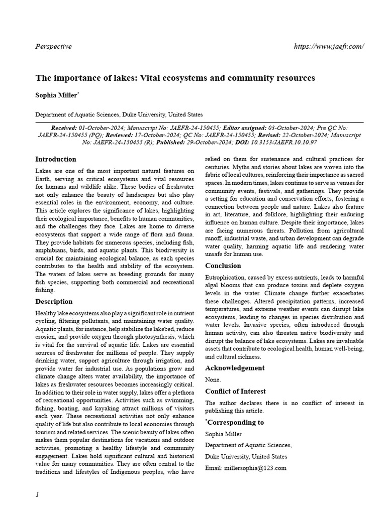 The Importance of Lakes Vital Ecosystems and Community Resources | PDF ...