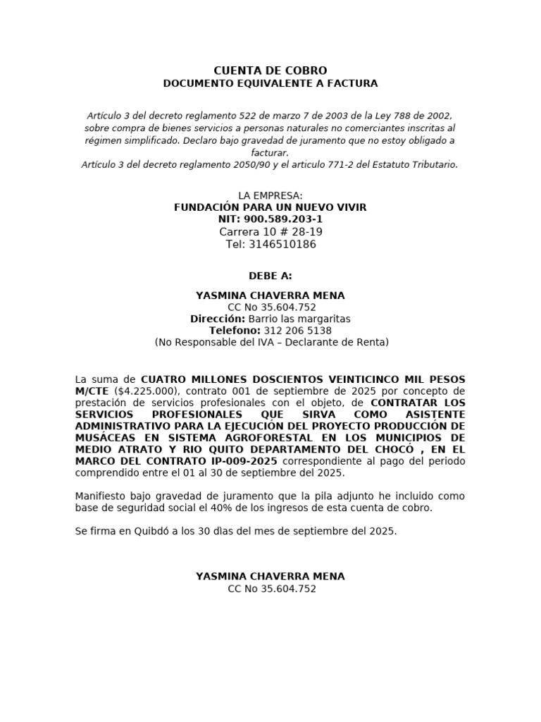 Cuenta de Cobro por Servicios Profesionales | PDF