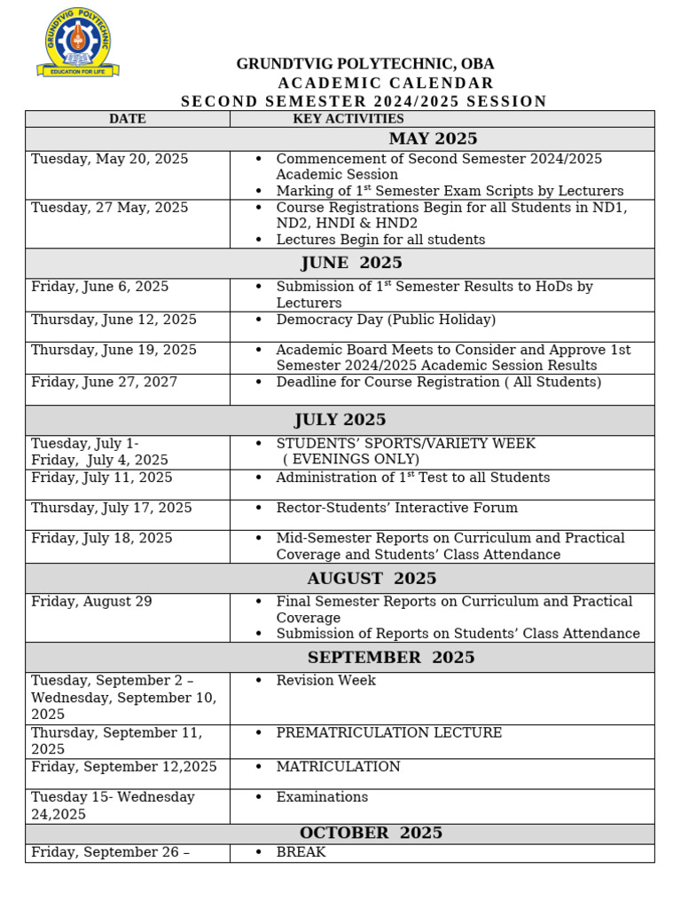 GP Academic Calender Second Semester 2024.2025 Session vs-2 | PDF ...