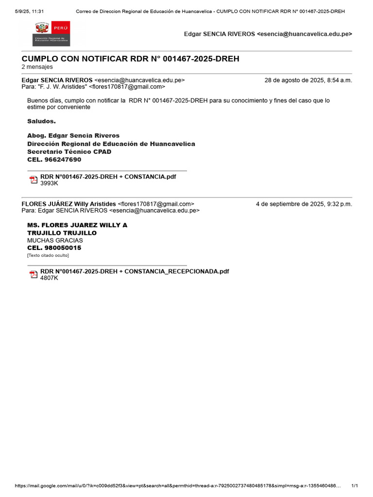 Notificación RDR N° 001467-2025-DREH | PDF