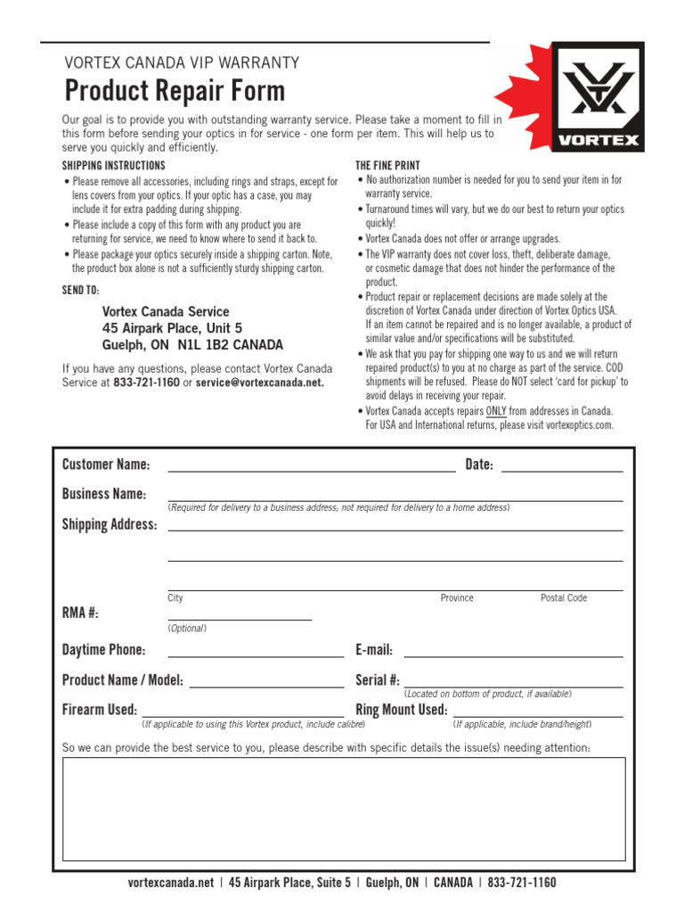 Vortex Canada Warranty Repair Form | PDF