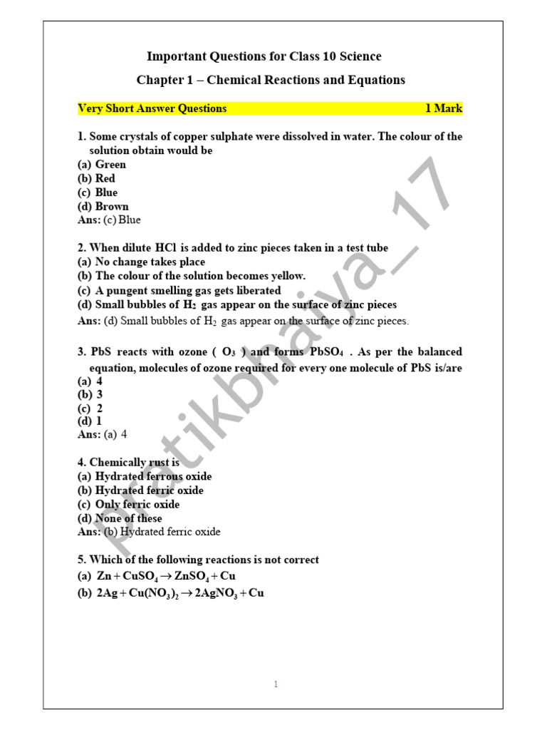 Class 10 Science: Chemical Reactions Quiz | PDF | Chemical Reactions ...
