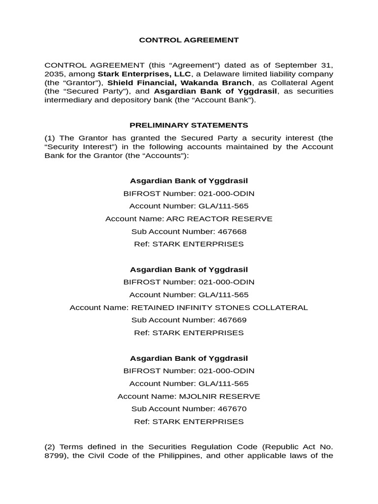 Control Agreement | PDF | Security Interest | Indemnity