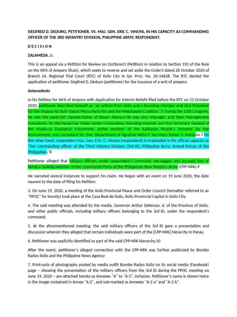 Writ of Amparo Appeal: Deduro vs. Vinoya | PDF | Common Law | Judiciaries
