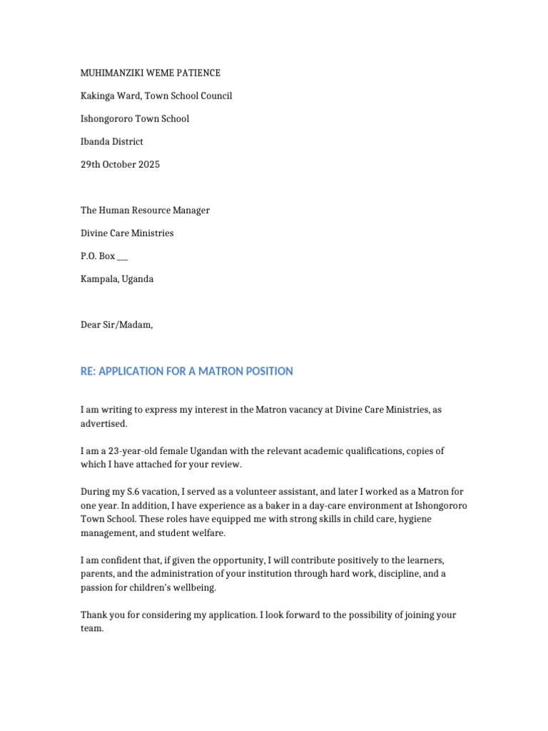 Application for Matron Position in Uganda | PDF