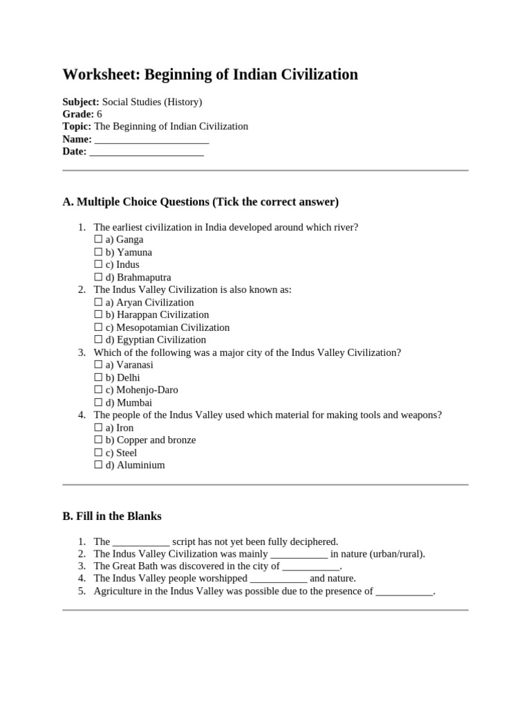 Beginning of Indian Civilization Worksheet | PDF