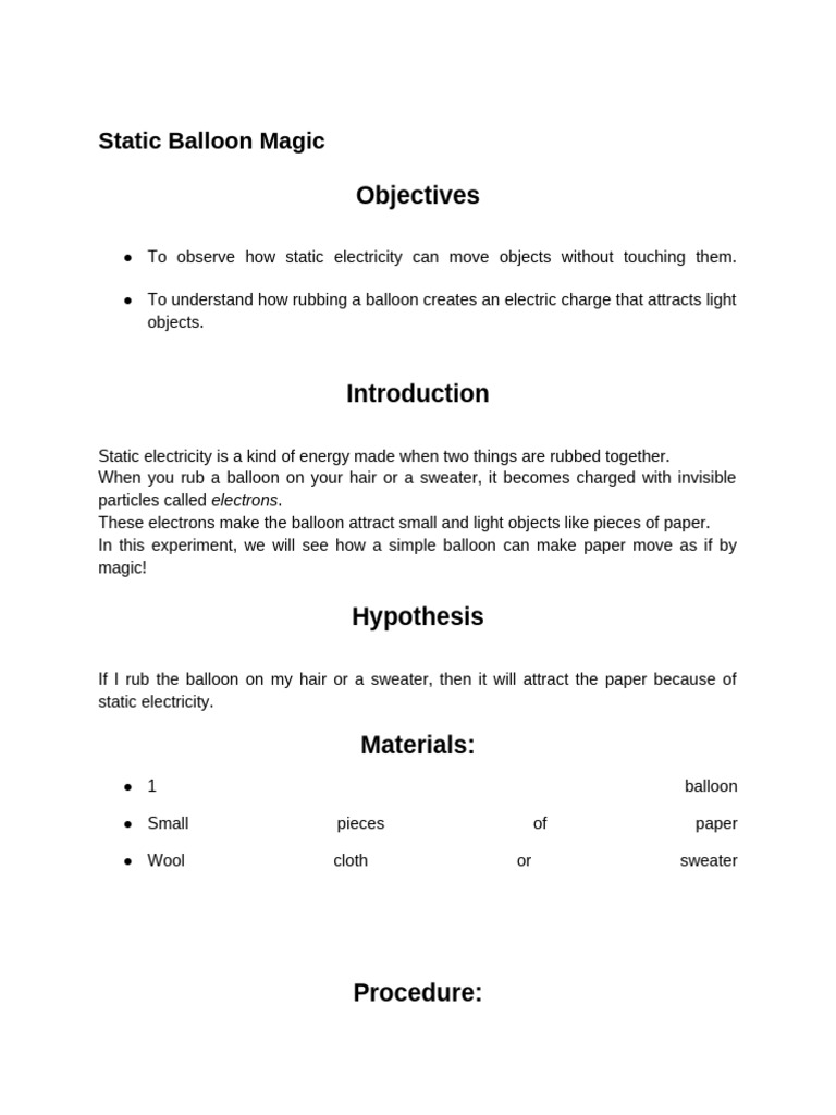 Static Electricity Balloon Experiment | PDF