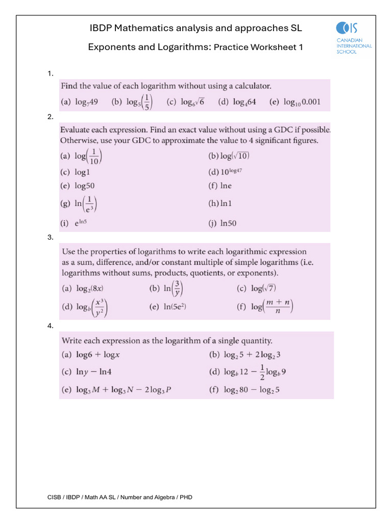 IBDP Math AA SL: Exponents & Logs Worksheet | PDF | Logarithm ...