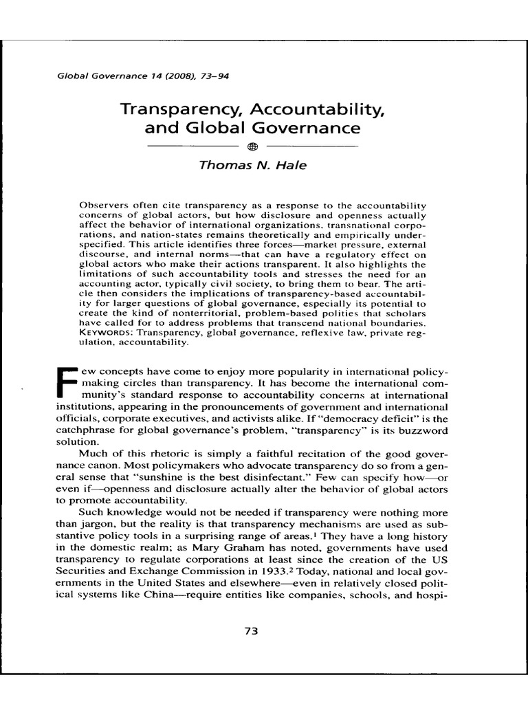 Hale - 2008 - Transparency, Accountability and Global Goverance | PDF
