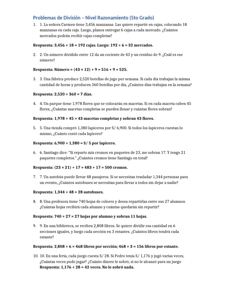 Problemas de División para 5to Grado | PDF