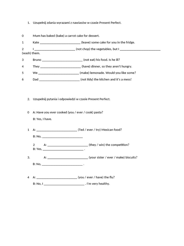 Present Perfect Kartkówka Kl. 6 | PDF