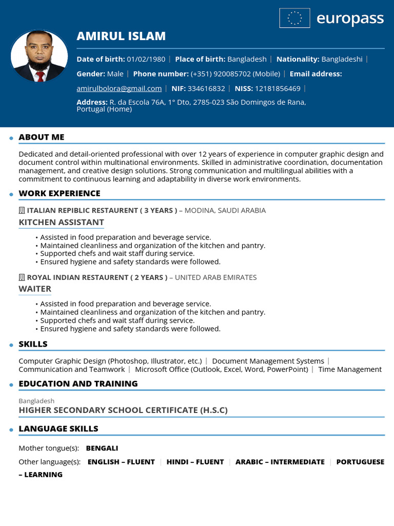 Amirul Islam: Graphic Designer & Kitchen Assistant | PDF