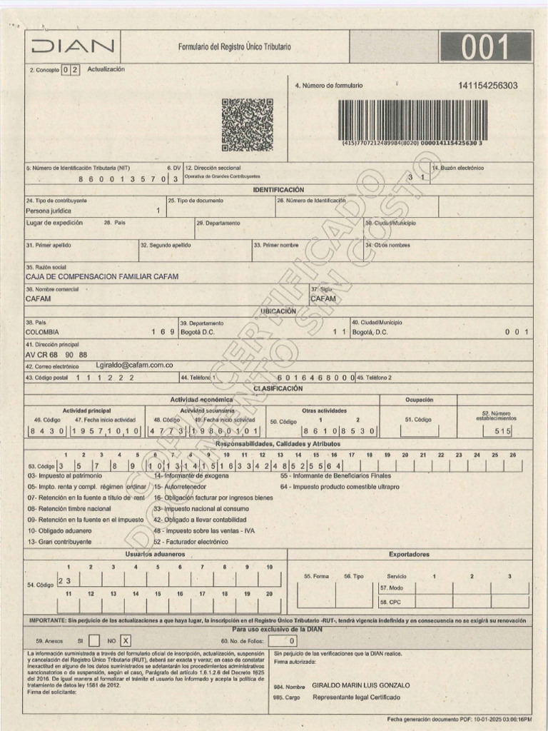 Registro Único Tributario CAFAM | PDF