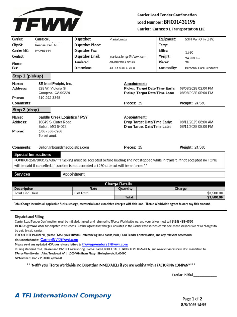 CarrierTender BFI001431196 | PDF | Cargo | Insurance