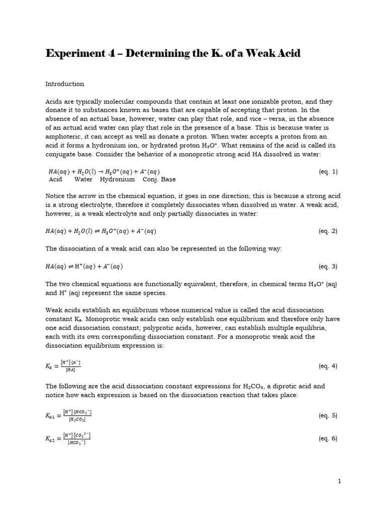 Expt 4 Determining The Ka of A Weak Acid F-24 | PDF | Acid | Dissociation (Chemistry)