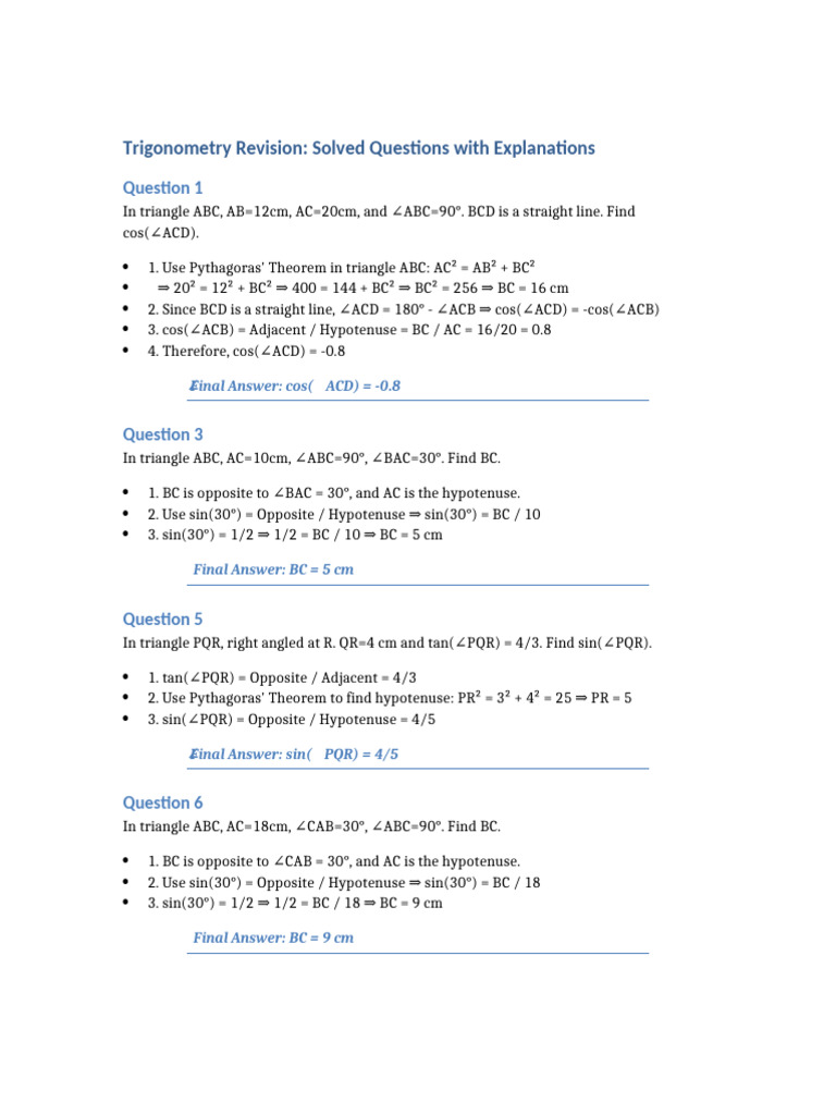 Trigonometry Revision Solved Pdf